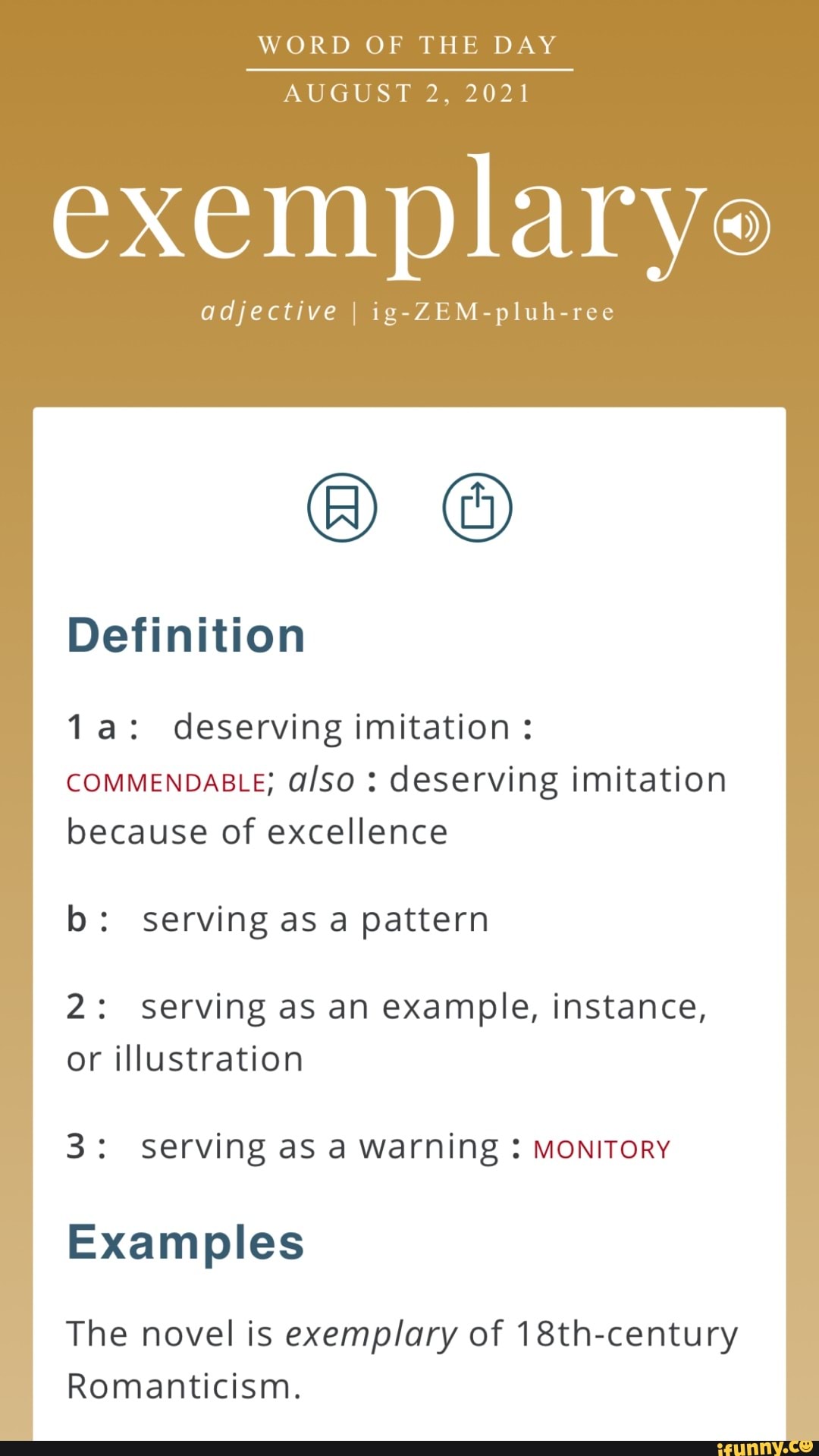 WORD OF THE DAY AUGUST 2, 2021 exemplar adjective ig-ZEM-pluh-ree ...