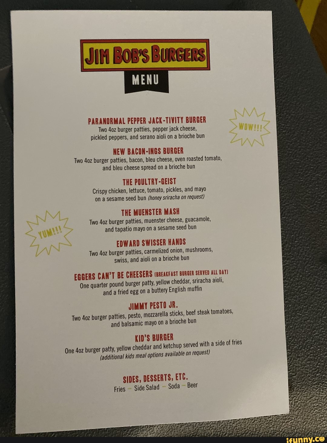 Jim Bob’s Burgers Popup! - I JiM Boe's BuRGERS MENU PARANORMAL PEPPER ...
