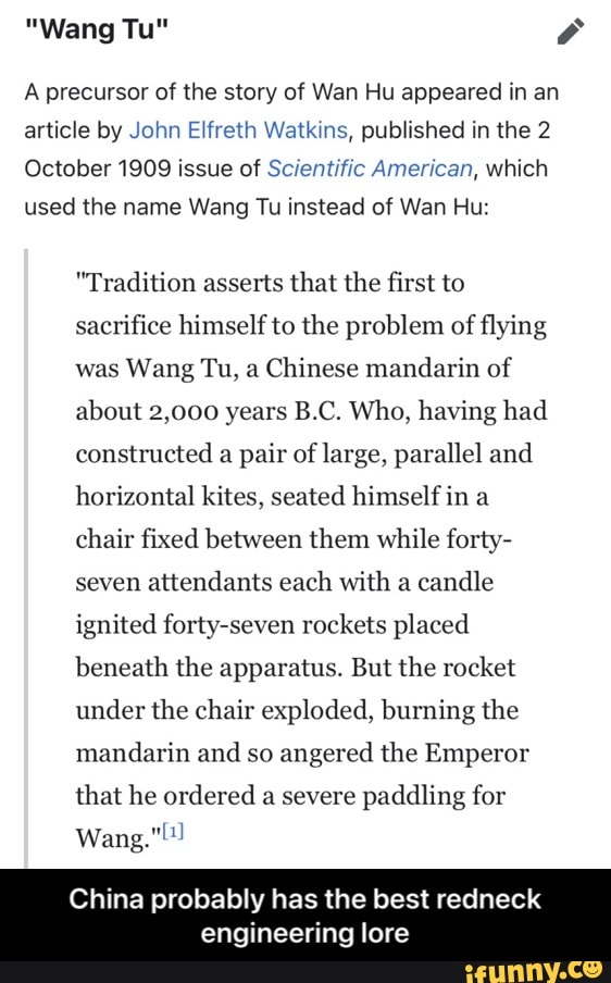 "Wang Tu" A precursor of the story of Wan Hu appeared in an article by ...