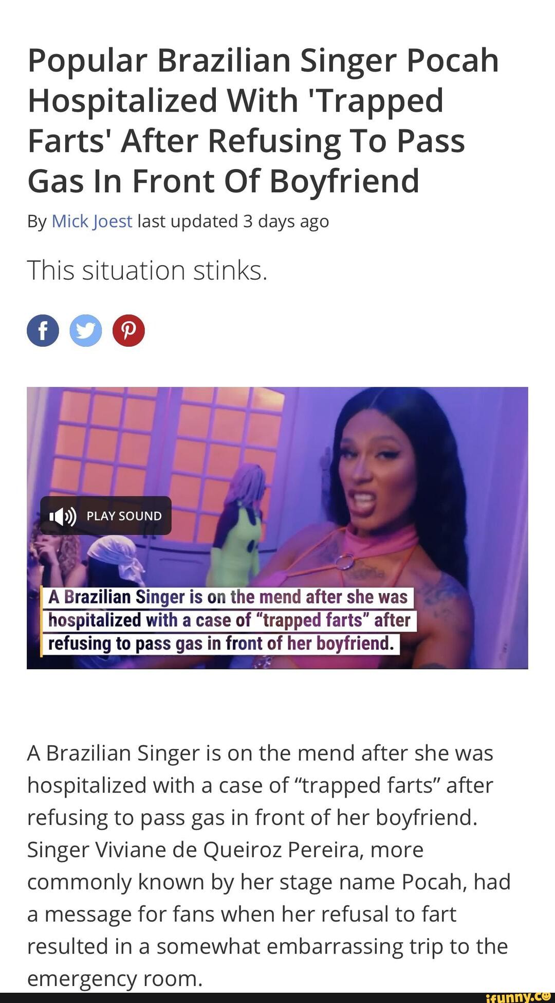 Popular Brazilian Singer Pocah Hospitalized With 'Trapped Farts' After ...