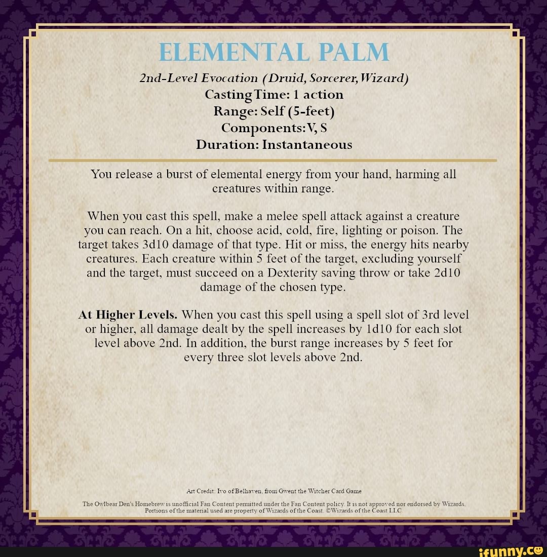 ELEMENTAL, PALM 2nd-Level Evocation (Druid, Sorcerer, Wizard) Casting ...