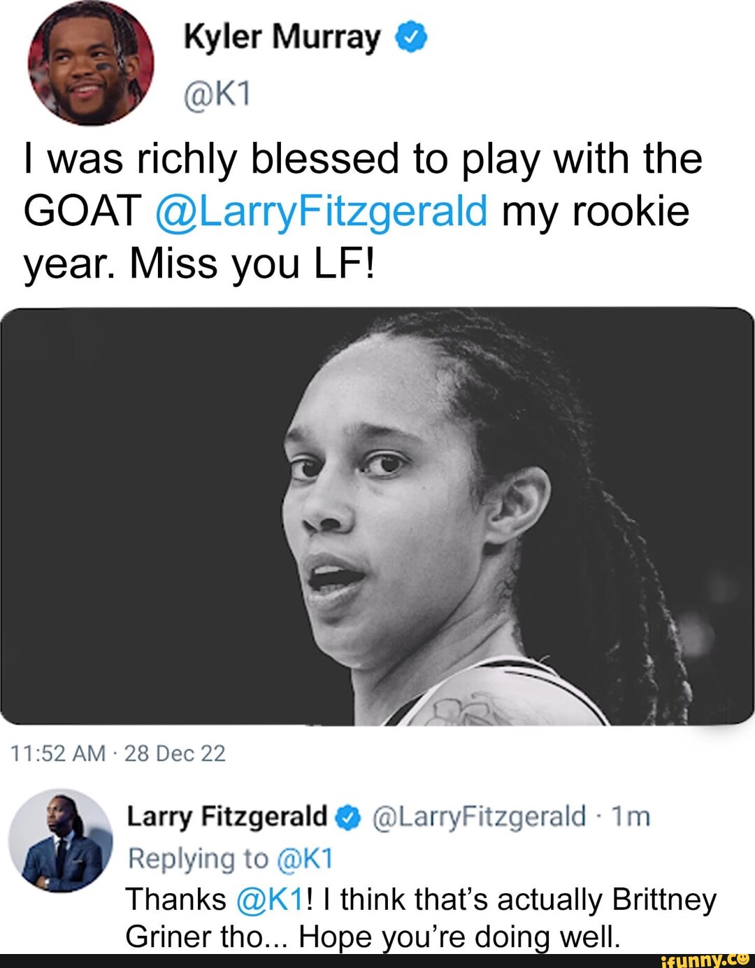 Kyler Murray @ I was richly blessed to play with the GOAT ...