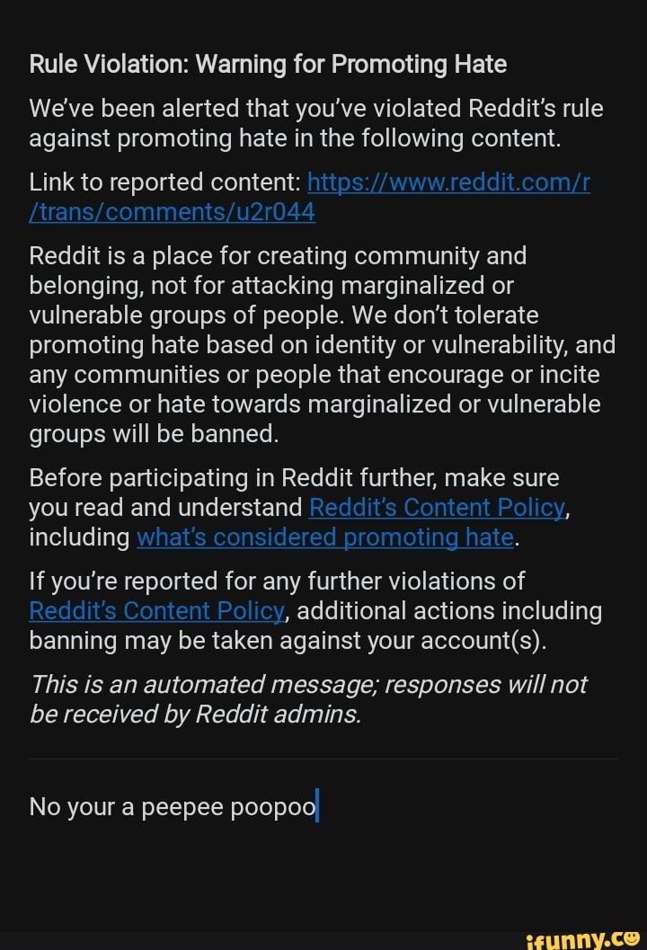 Rule Violation: Warning for Promoting Hate We've been alerted that you ...