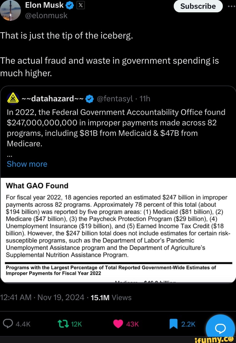 Musk That is just the tip of the iceberg. The actual fraud and waste in government spending is ...