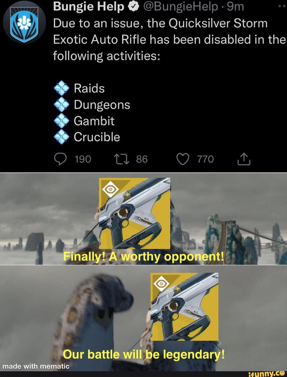 Bungie Help @BungieHelp - Due to an issue, the Quicksilver Storm Exotic ...