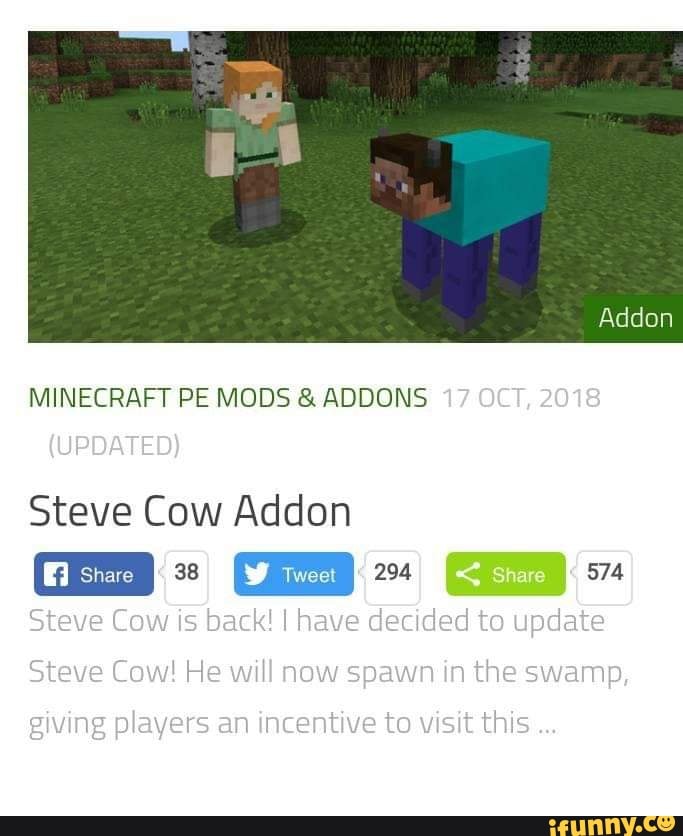 MINECRAFT PE MODS & ADDONS Steve Cow Addon - iFunny
