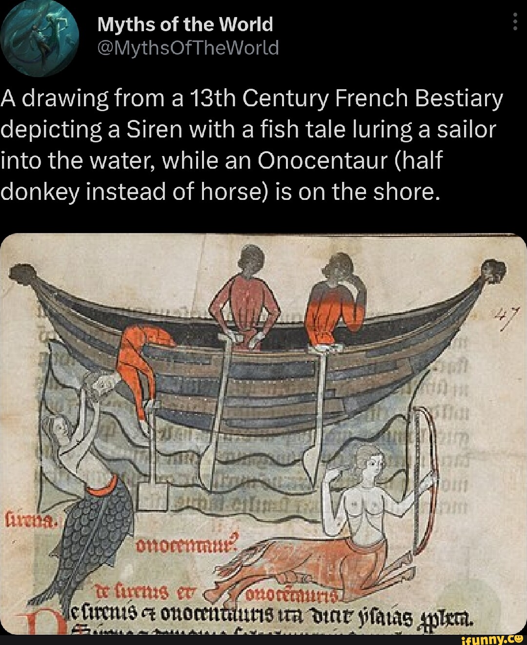 A drawing from a 13th Century French Bestiary depicting a Siren with a ...