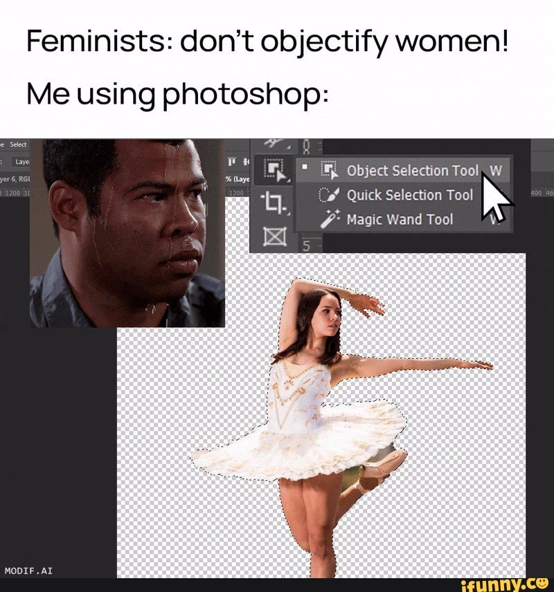 Feminists: don't objectify women! Me using photoshop: Object Selection Tool W Quick Selection ...