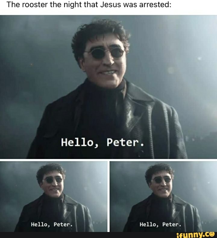 The rooster the night that Jesus was arrested: Hello, Peter. Hello ...