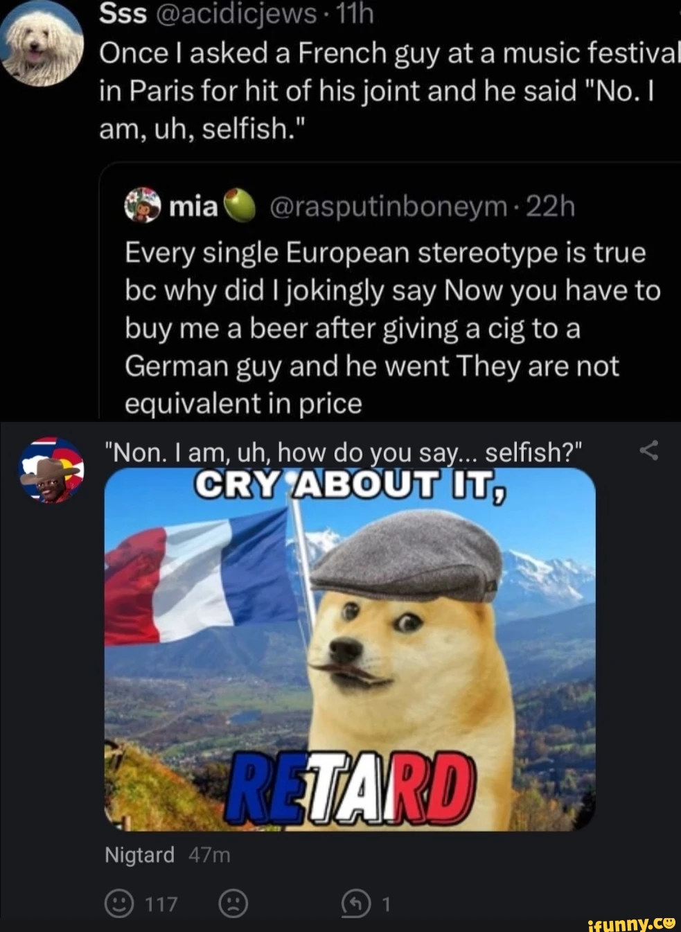 Sss @acidicjews: Once I asked a French guy at a music festival in Paris ...