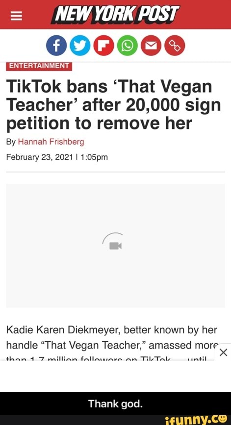 = NEWYORK POST 090000 TikTok bans 'That Vegan Teacher' after 20,000 ...