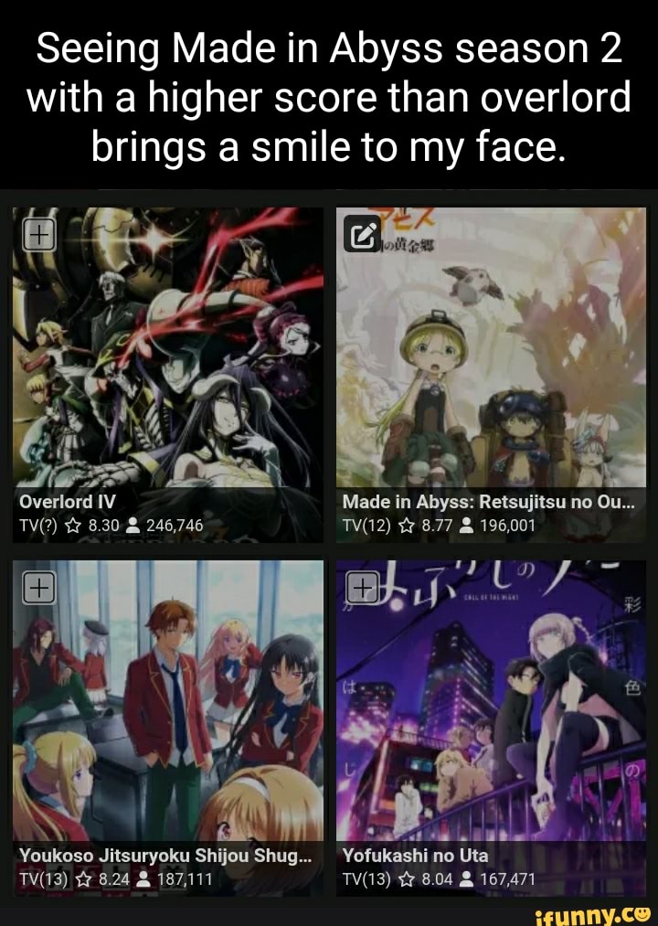 Seeing Made in Abyss season 2 with a higher score than overlord brings ...