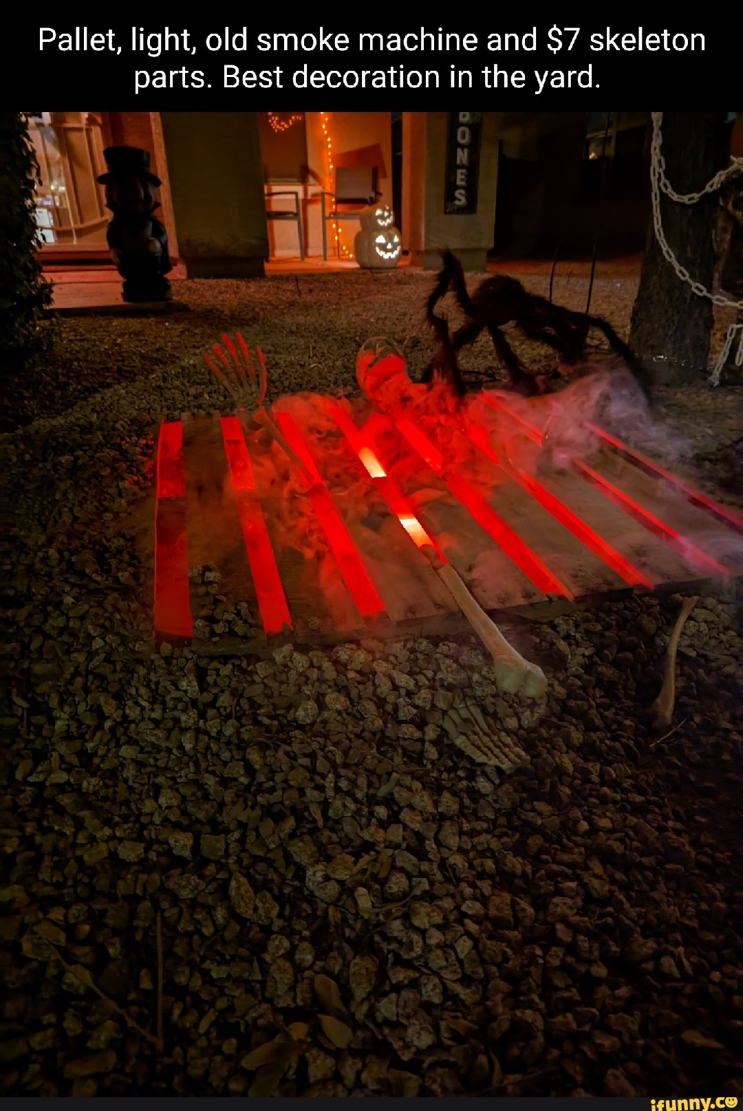 Pallet, light, old smoke machine and $7 skeleton parts. Best decoration ...