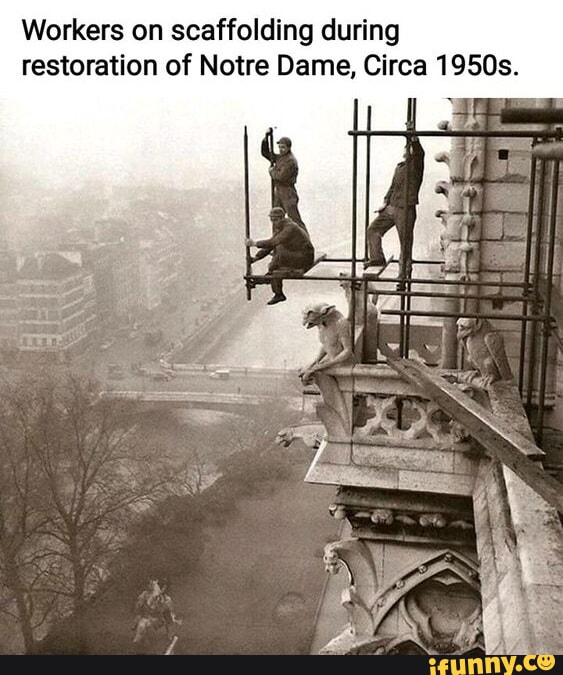 Workers on scaffolding during restoration of Notre Dame, Circa 1950s ...