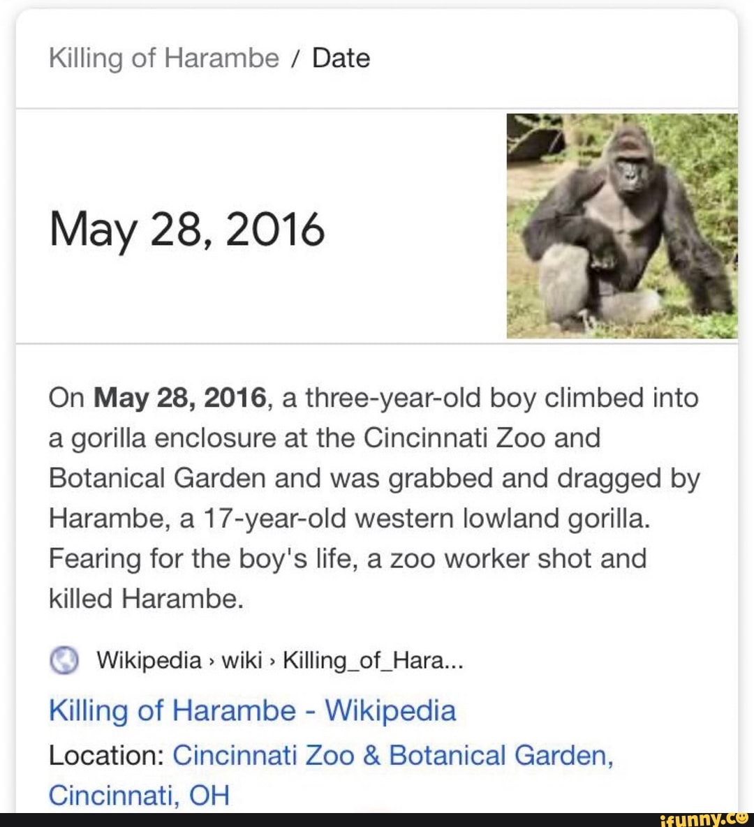 Killing of Harambe Date May 28, 2016 On May 28, 2016, a three-year-old ...