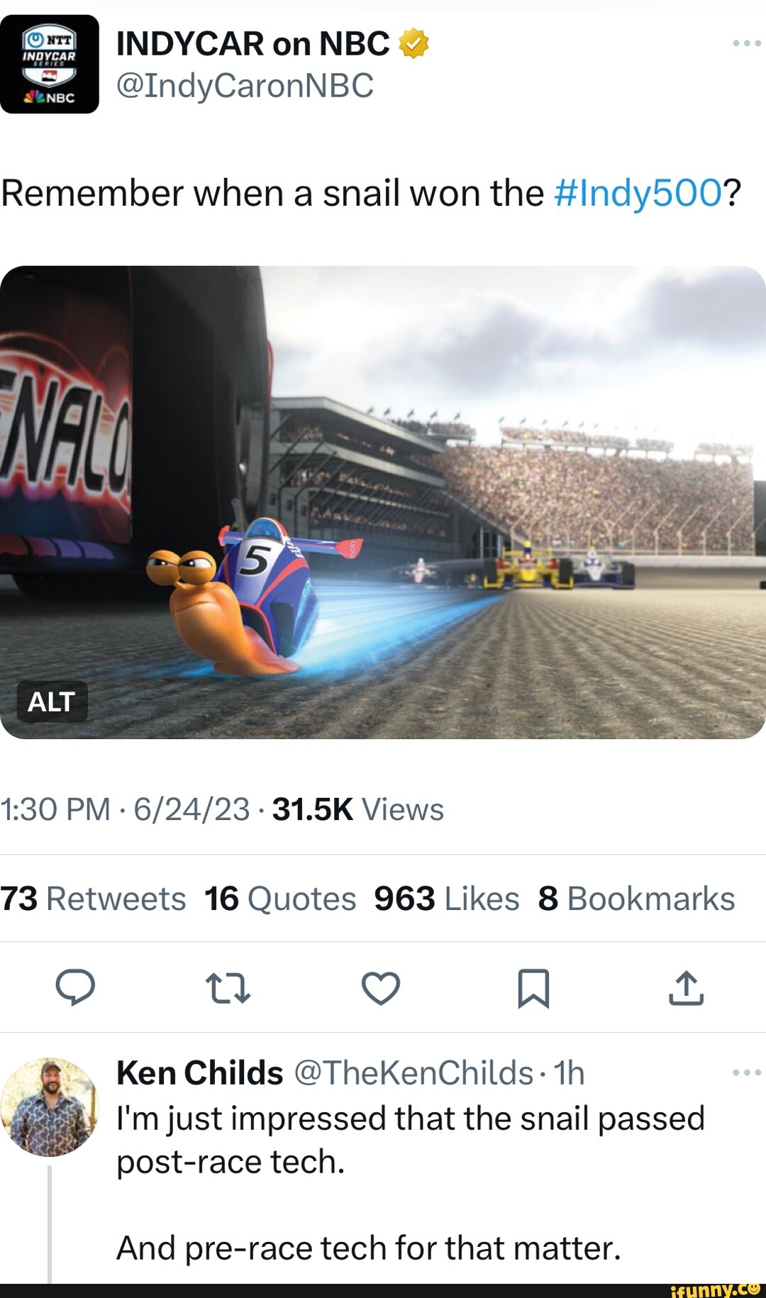 INDYCAR on NBC @IndyCaronNBC Remember when a snail won the #Indy500 ...