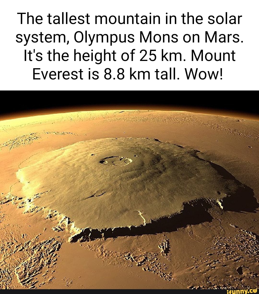 The tallest mountain in the solar system, Olympus Mons on Mars. It's the height of 25 km. Mount ...