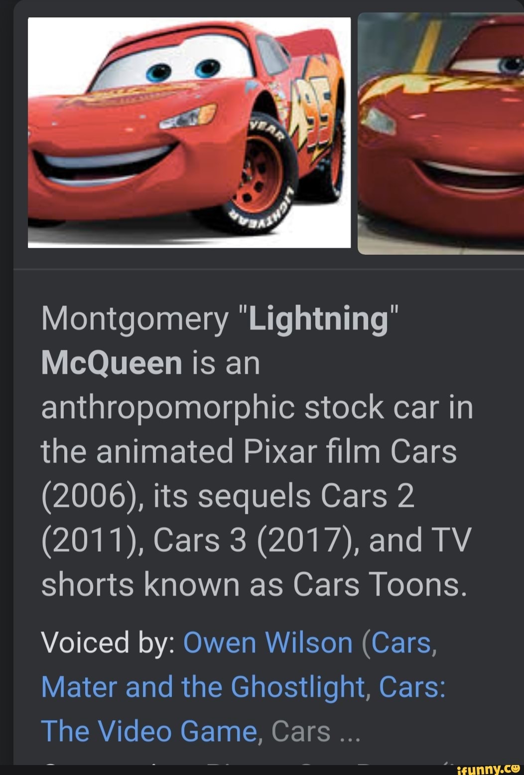 Montgomery "Lightning" McQueen is an anthropomorphic stock car in the ...