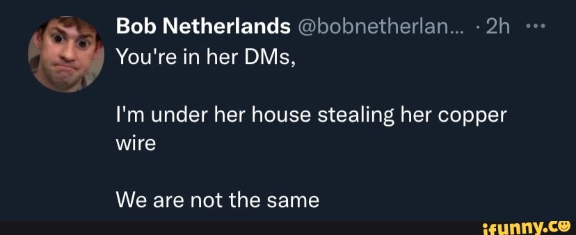 Bob Netherlands You're in her DMs. I'm under her house stealing her ...