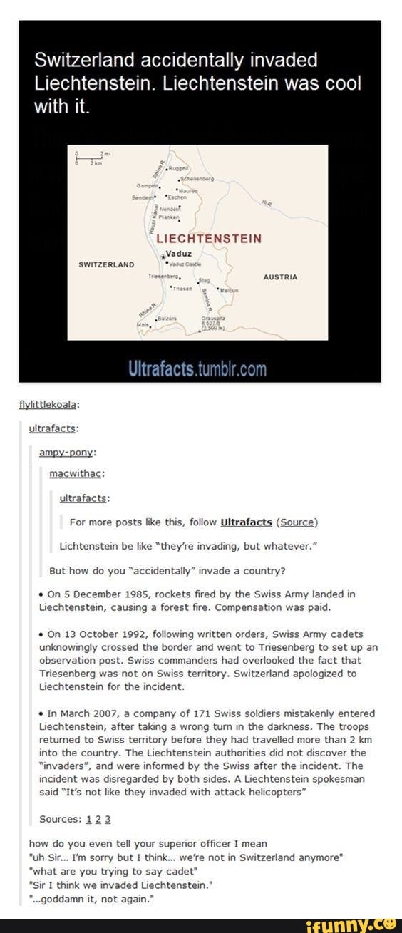 Switzerland accidentally invaded Liechtenstein. Liechtenstein was cool ...