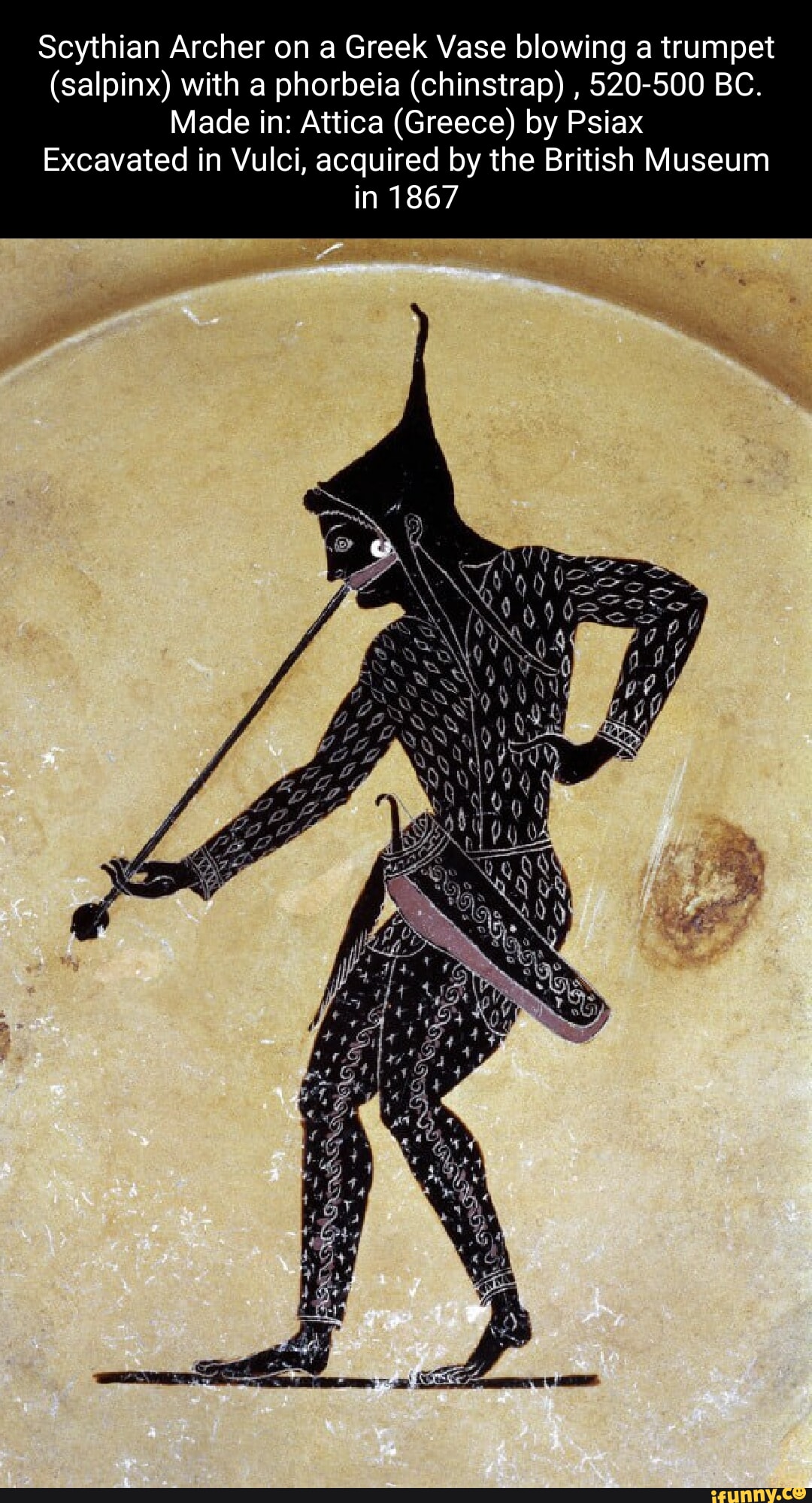 Scythian Archer on a Greek Vase blowing a trumpet (salpinx) with a ...