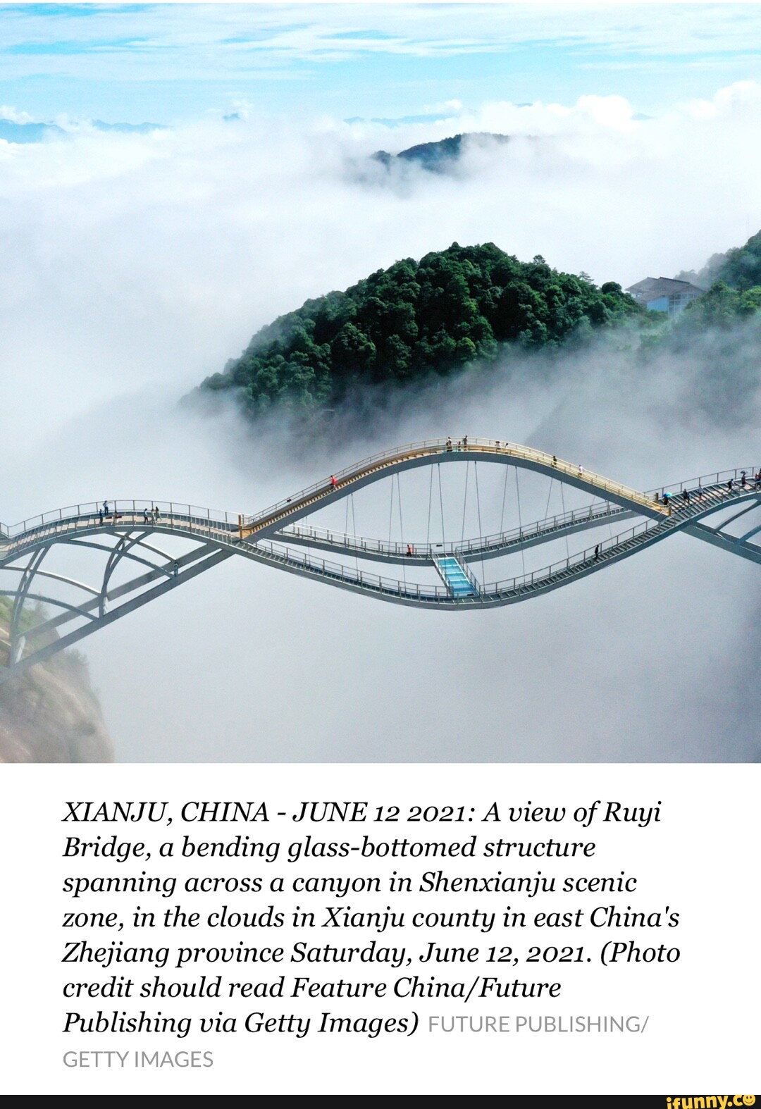 XIANJU, CHINA - JUNE 12 2021: A view of Ruyi Bridge, a bending glass ...