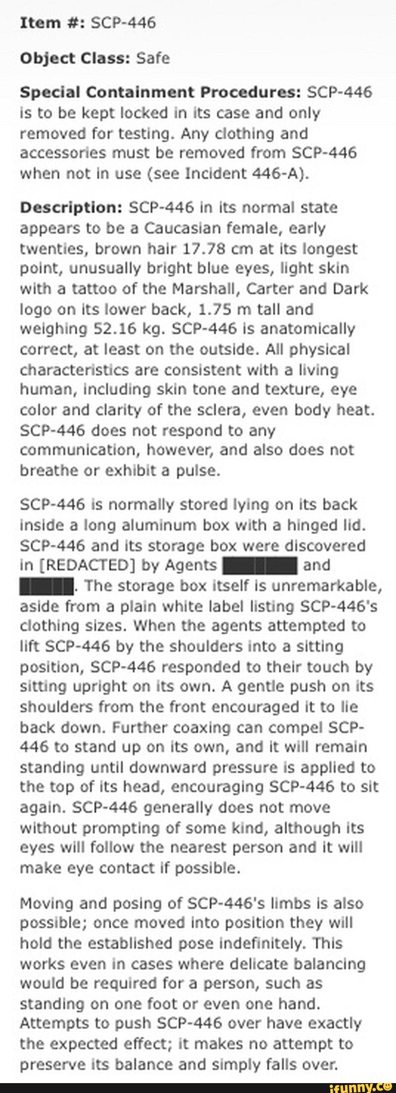 Item #: SCP-446 Object Class: Safe Special Containment Procedures: SCP ...