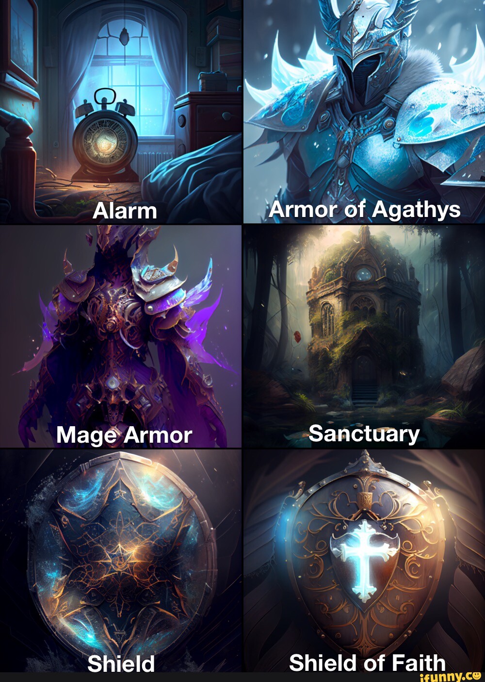 Alarm Mage Armor Armor of Agathys Sanctuary Shield of Faith - iFunny