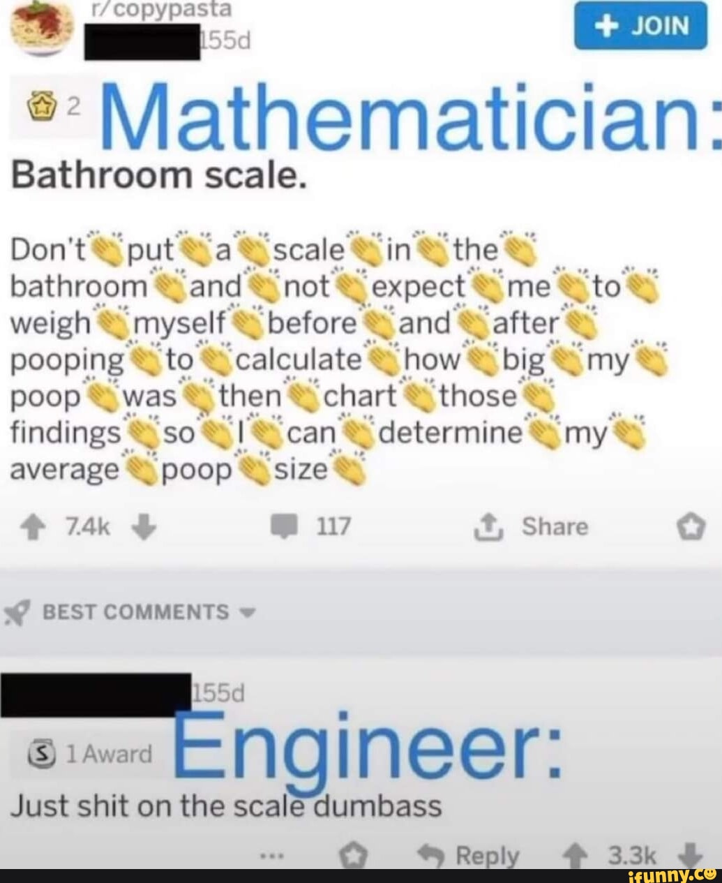 JOIN Mathematician: Bathroom scale. Don't put scale Bin the bathroom ...