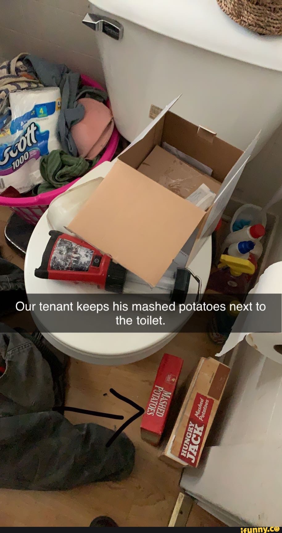 Our tenant keeps his mashed potatoes next to the toilet. - iFunny