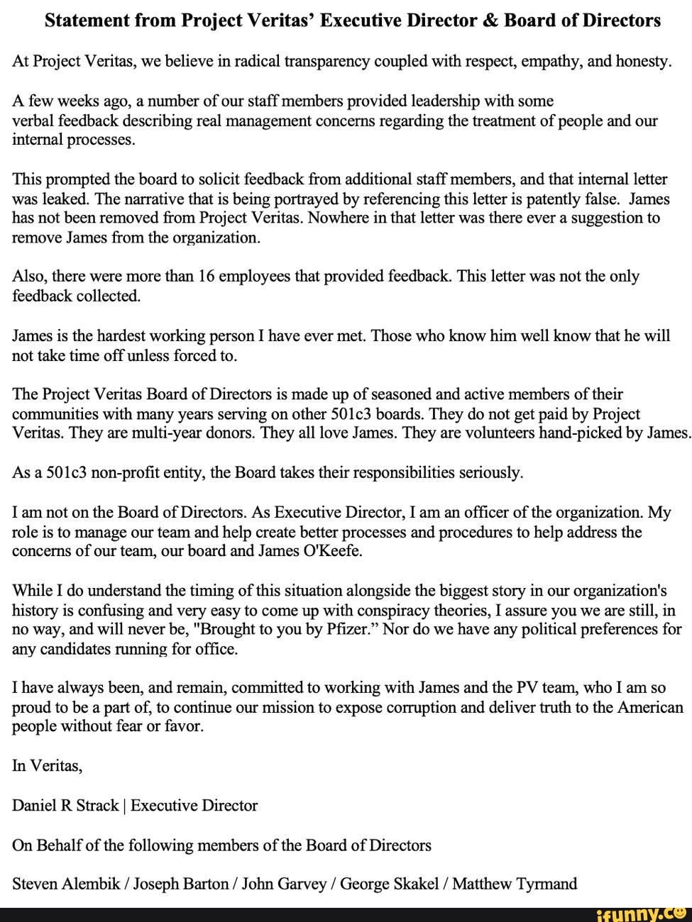 Statement from Project Veritas' Executive Director & Board of Directors ...