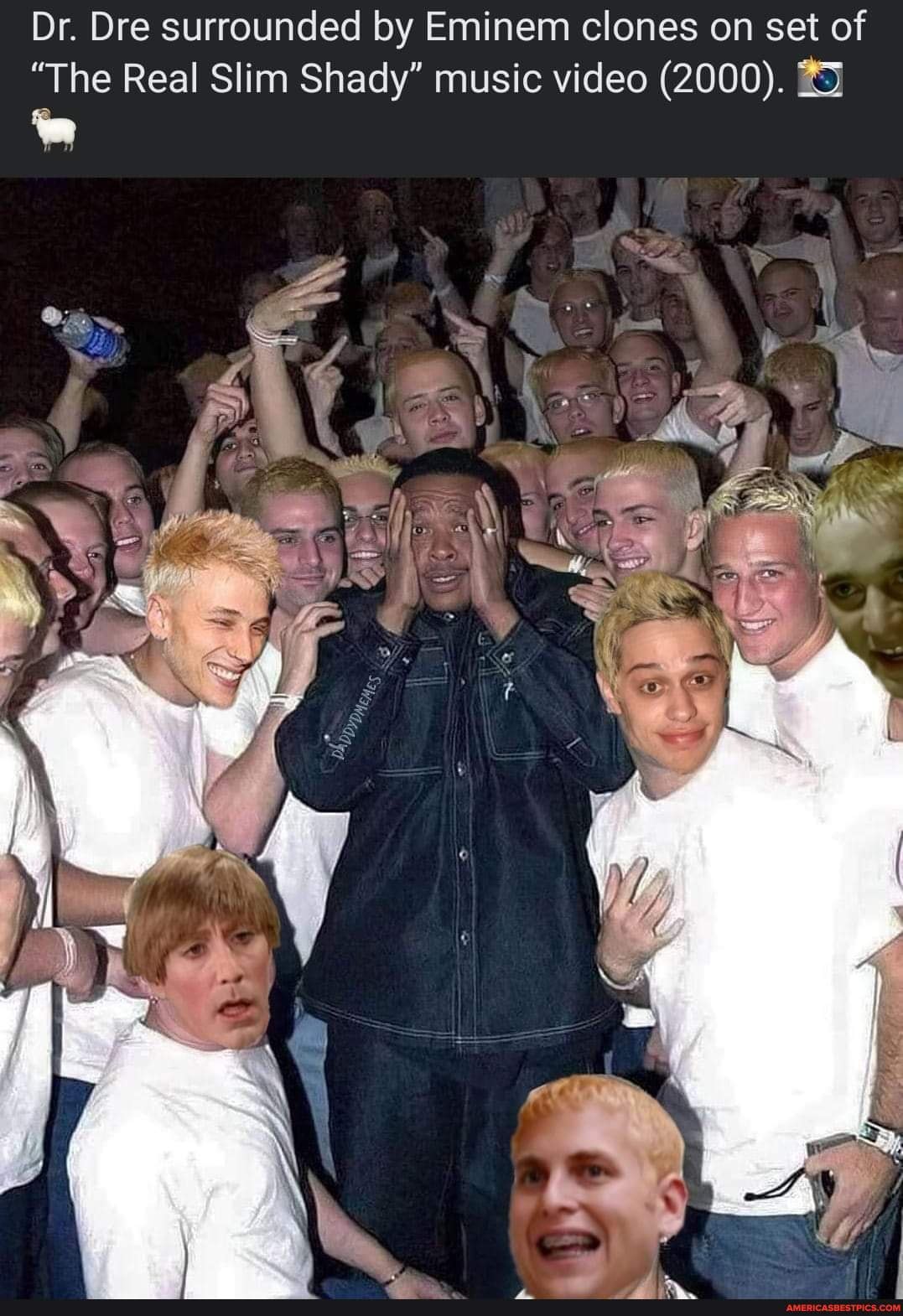 Dr. Dre surrounded by Eminem clones on set of "The Real Slim Shady" music video (2000 ...