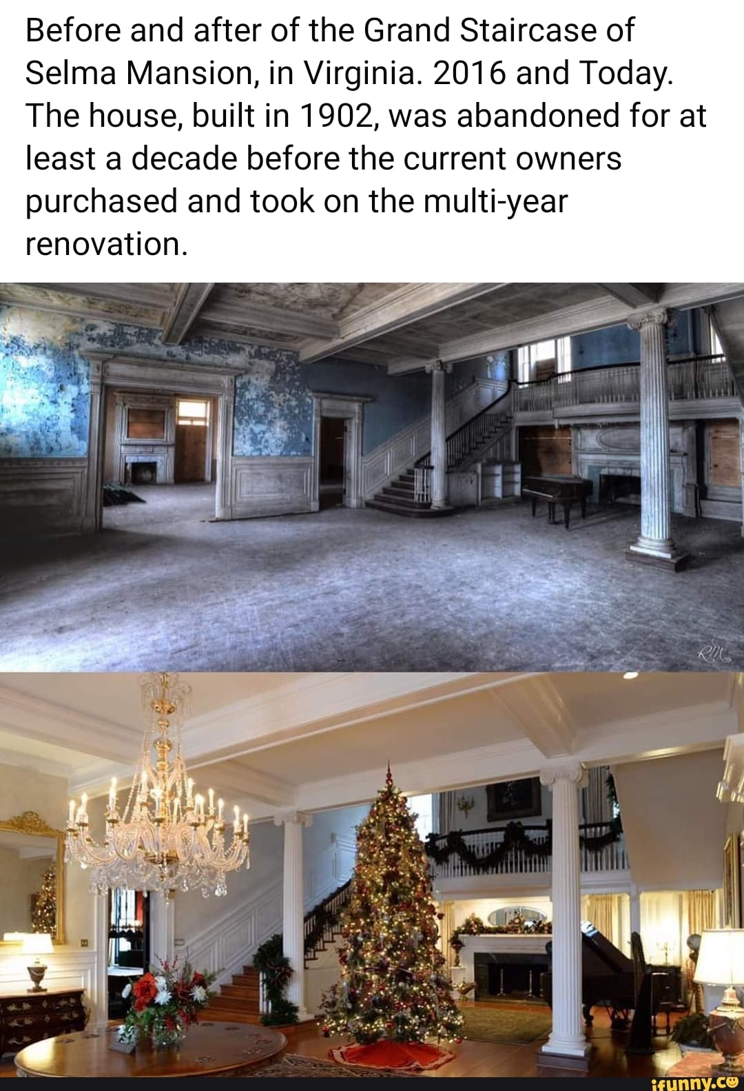 Before and after of the Grand Staircase of Selma Mansion, in Virginia ...