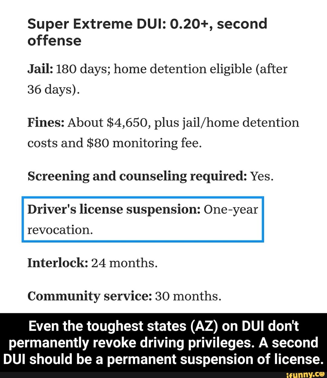 Super Extreme DUI: 0.20+, second offense Jail: 180 days; home detention ...