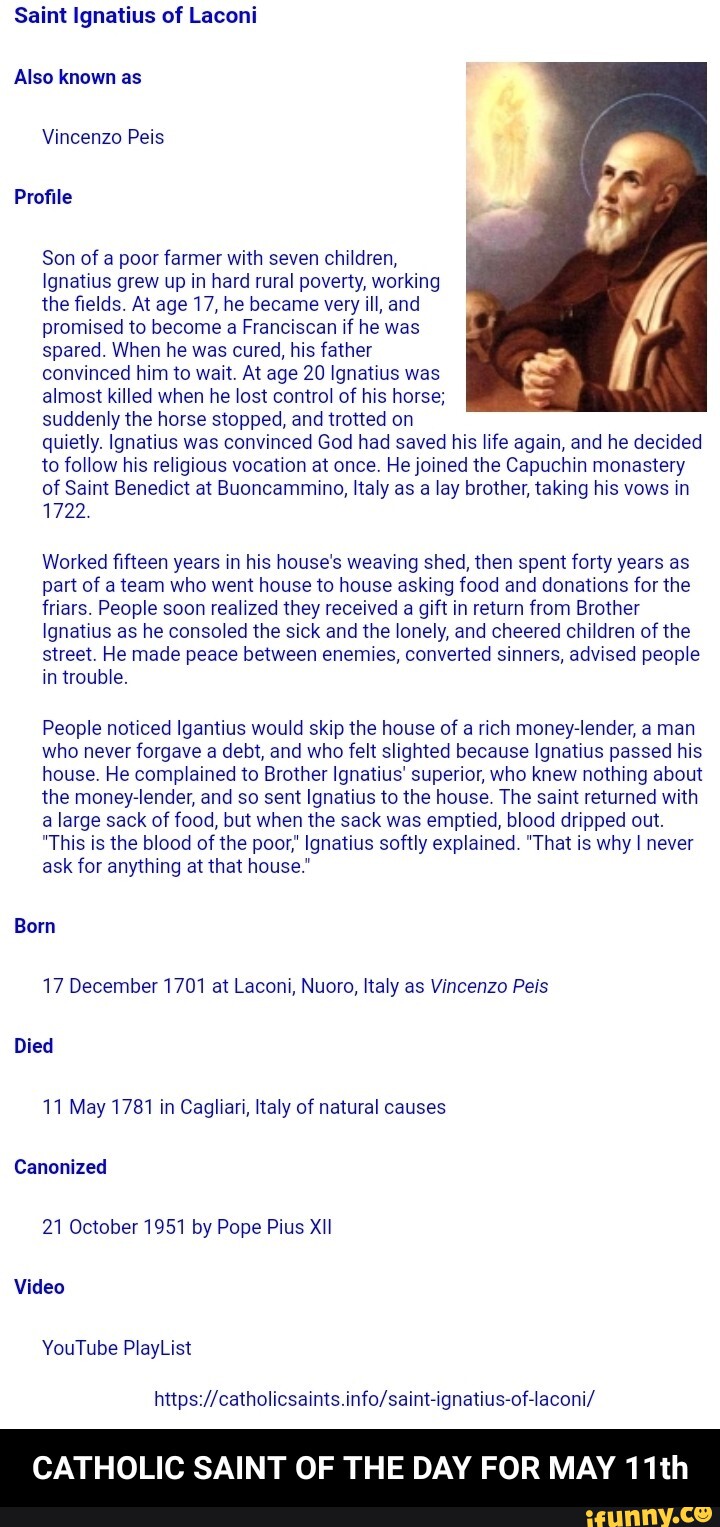 Saint Ignatius of Laconi Also known as Vincenzo Pets Profile Son of a ...