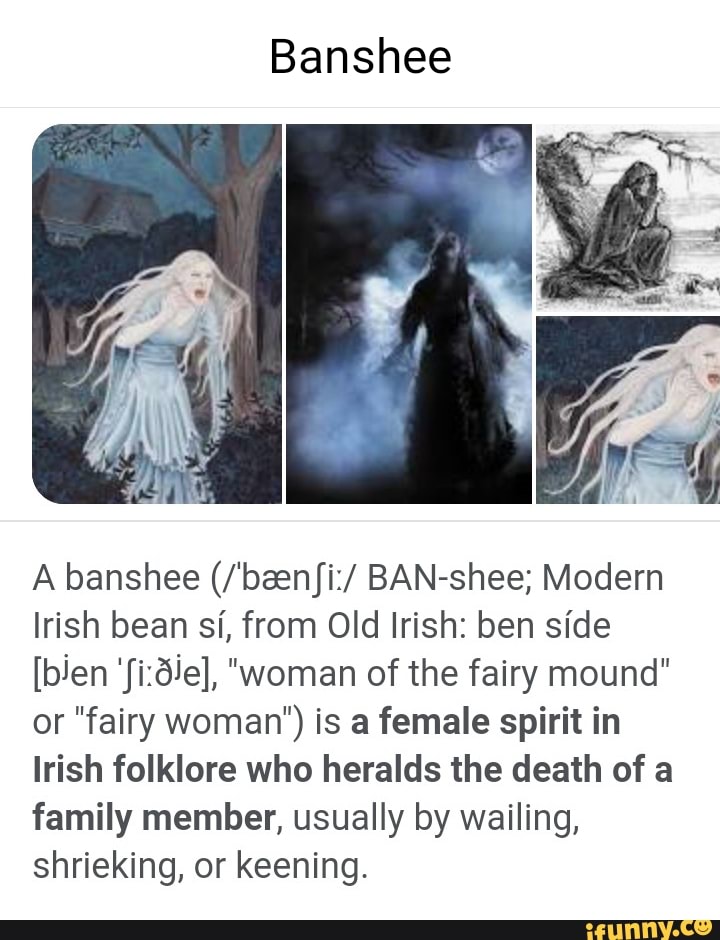 Banshee A banshee BAN-shee; Modern Irish bean si, from Old Irish: ben ...