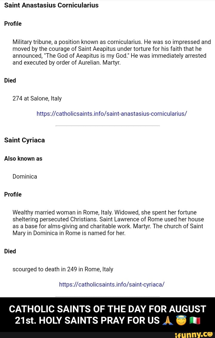 Saint Anastasius Cornicularius Profile Military tribune, a position ...