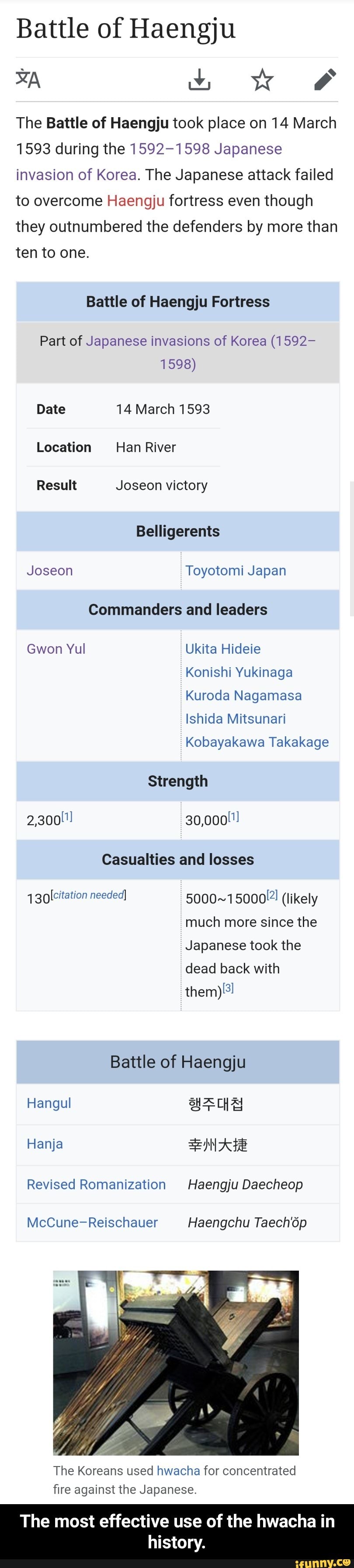 Battle of Haengju The Battle of Haengju took place on 14 March 1593 ...