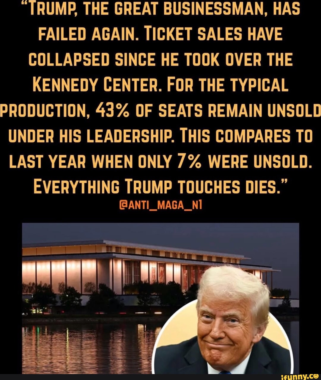 TRUMP, THE GREAT BUSINESSMAN, HAS FAILED AGAIN. TICKET SALES HAVE COLLAPSED SINCE HE TOOK OVER ...