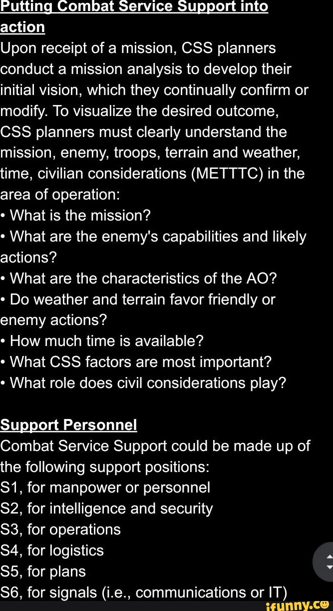 Putting Combat Service Support into action Upon receipt of a mission ...