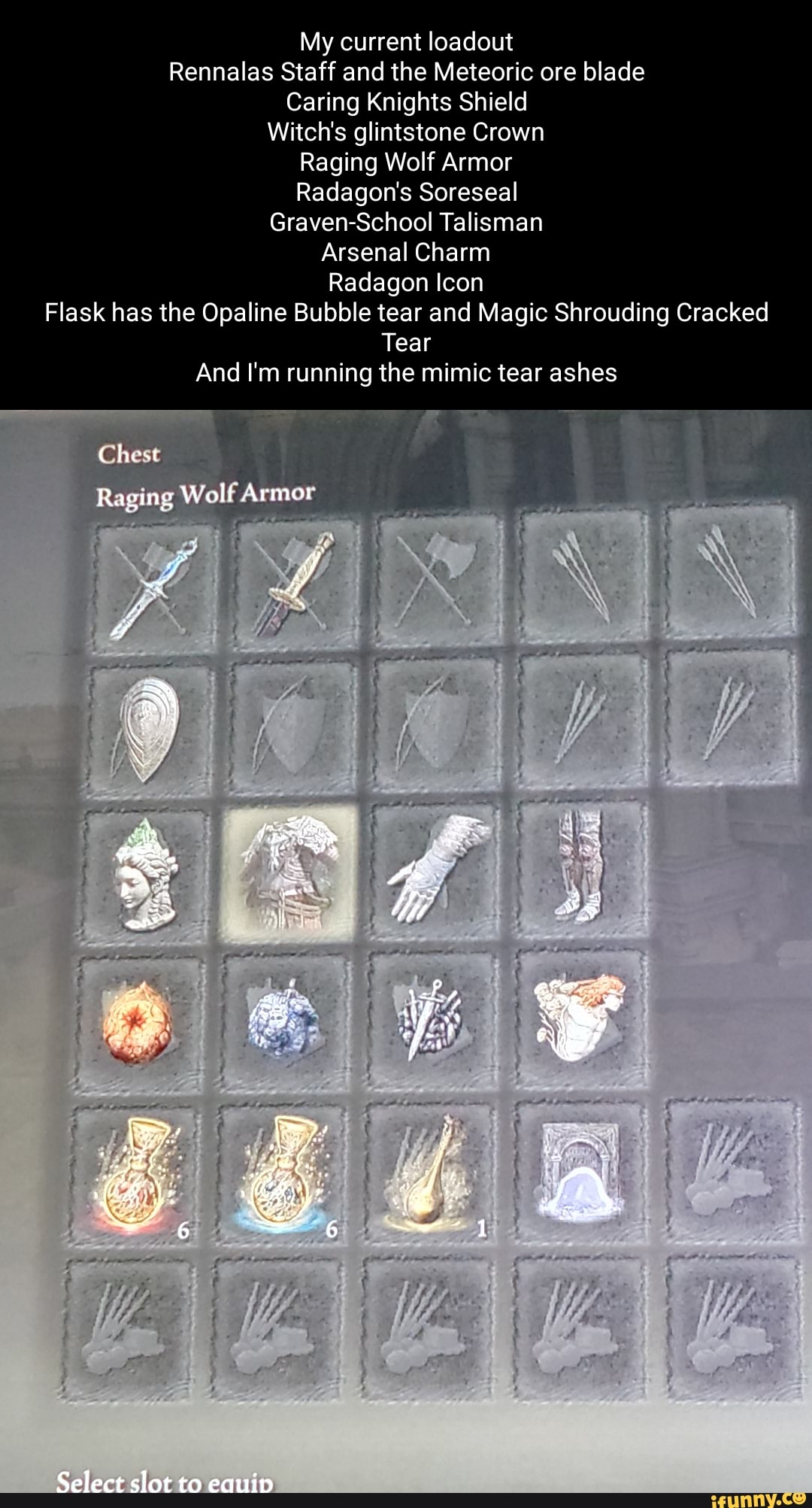 My current loadout Rennalas Staff and the Meteoric ore blade Caring ...