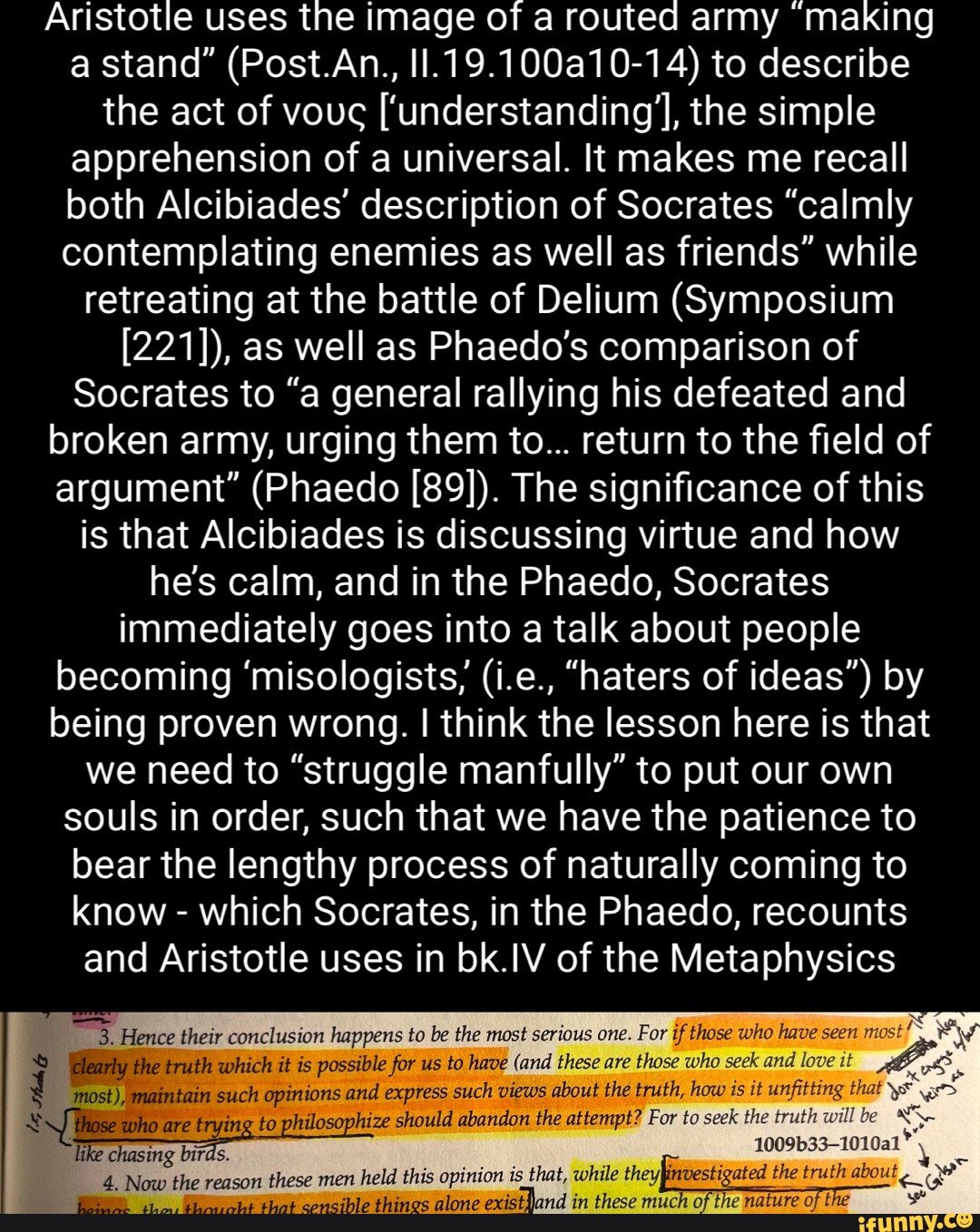 Aristotle uses the image of a routed army making a stand" (Post.An., II ...