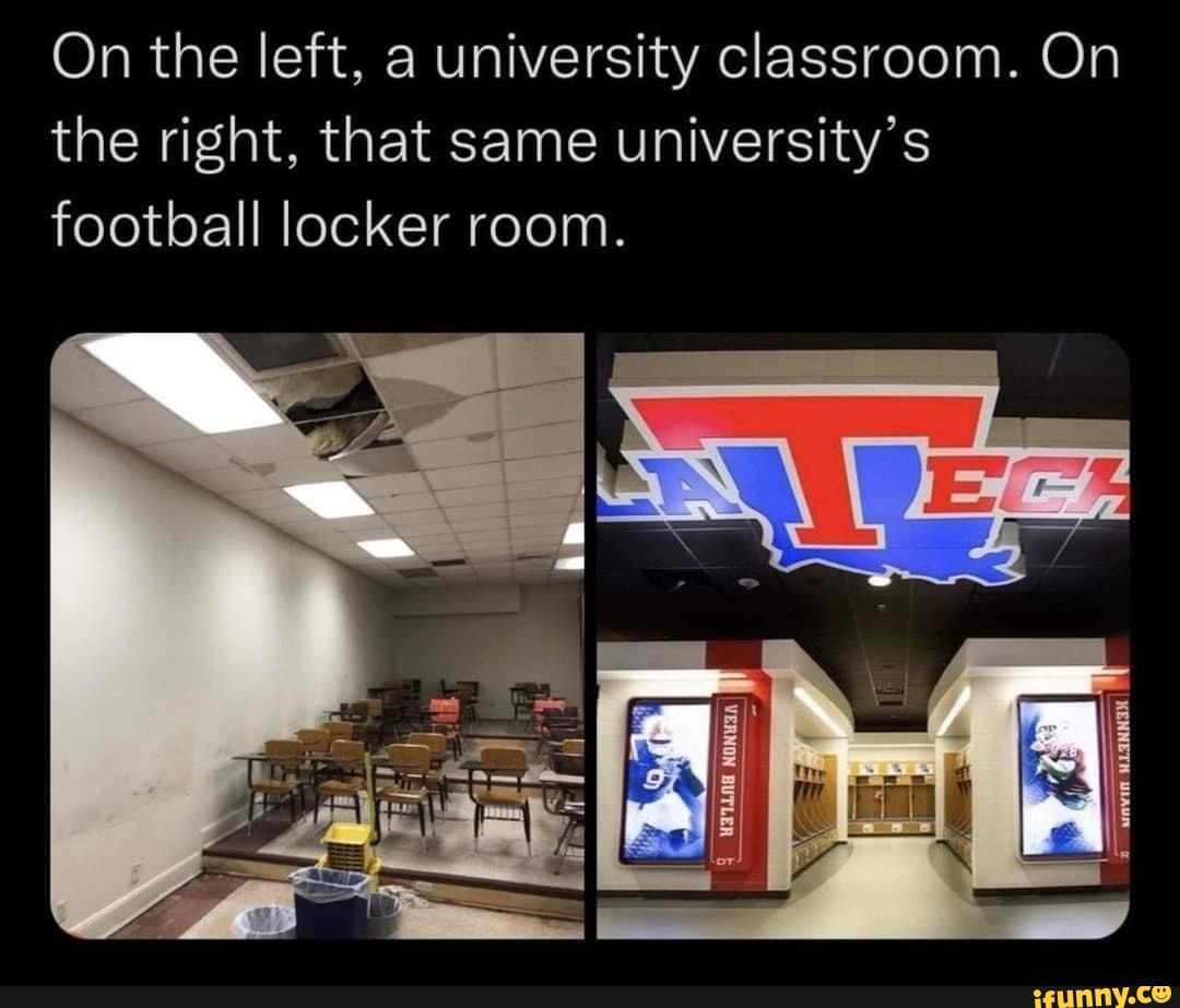 On the left, a university classroom. On the right, that same university ...