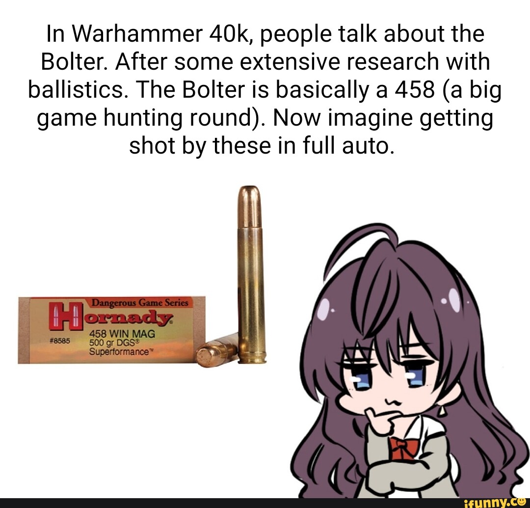 In Warhammer people talk about the Bolter. After some extensive ...