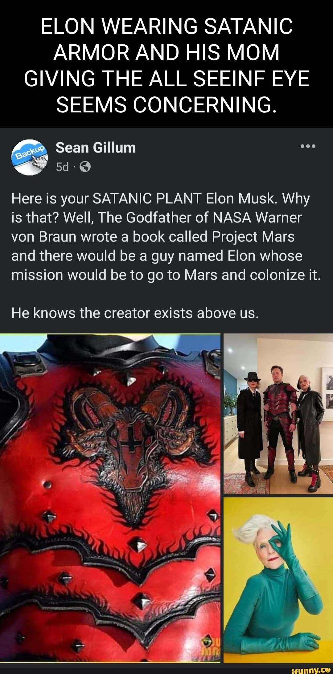 ELON WEARING SATANIC ARMOR AND HIS MOM GIVING THE ALL SEEINF EYE SEEMS ...