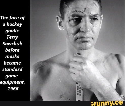 The face of hockey goalie Terry Sawchuk before masks became standard ...