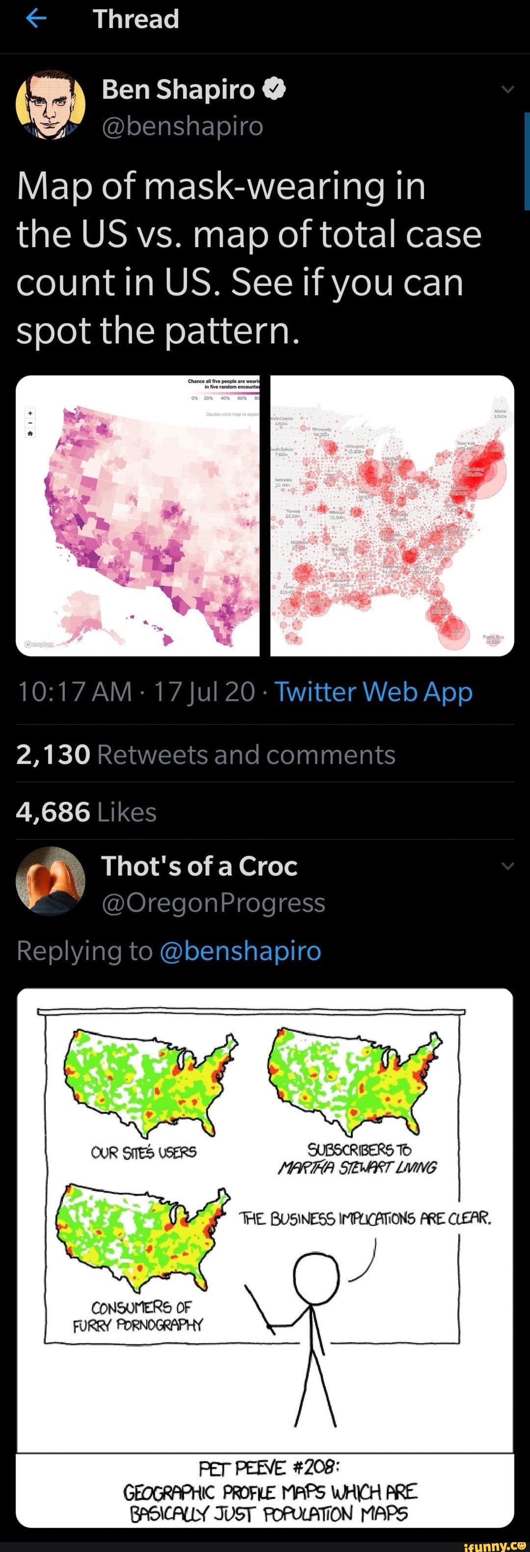 (5) Ben Shapiro Y @benshapiro Map of mask-wearing in the US vs. map of ...
