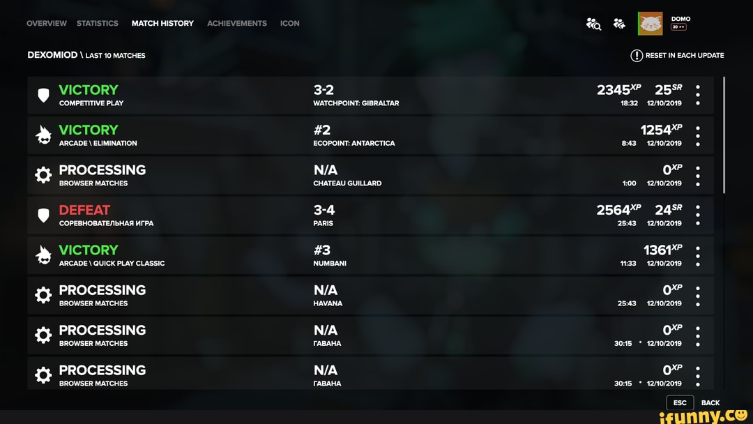 Overwatch profile concept - MATCH HISTORY % DEXOMIOD \ LasT 10 MATCHES ...