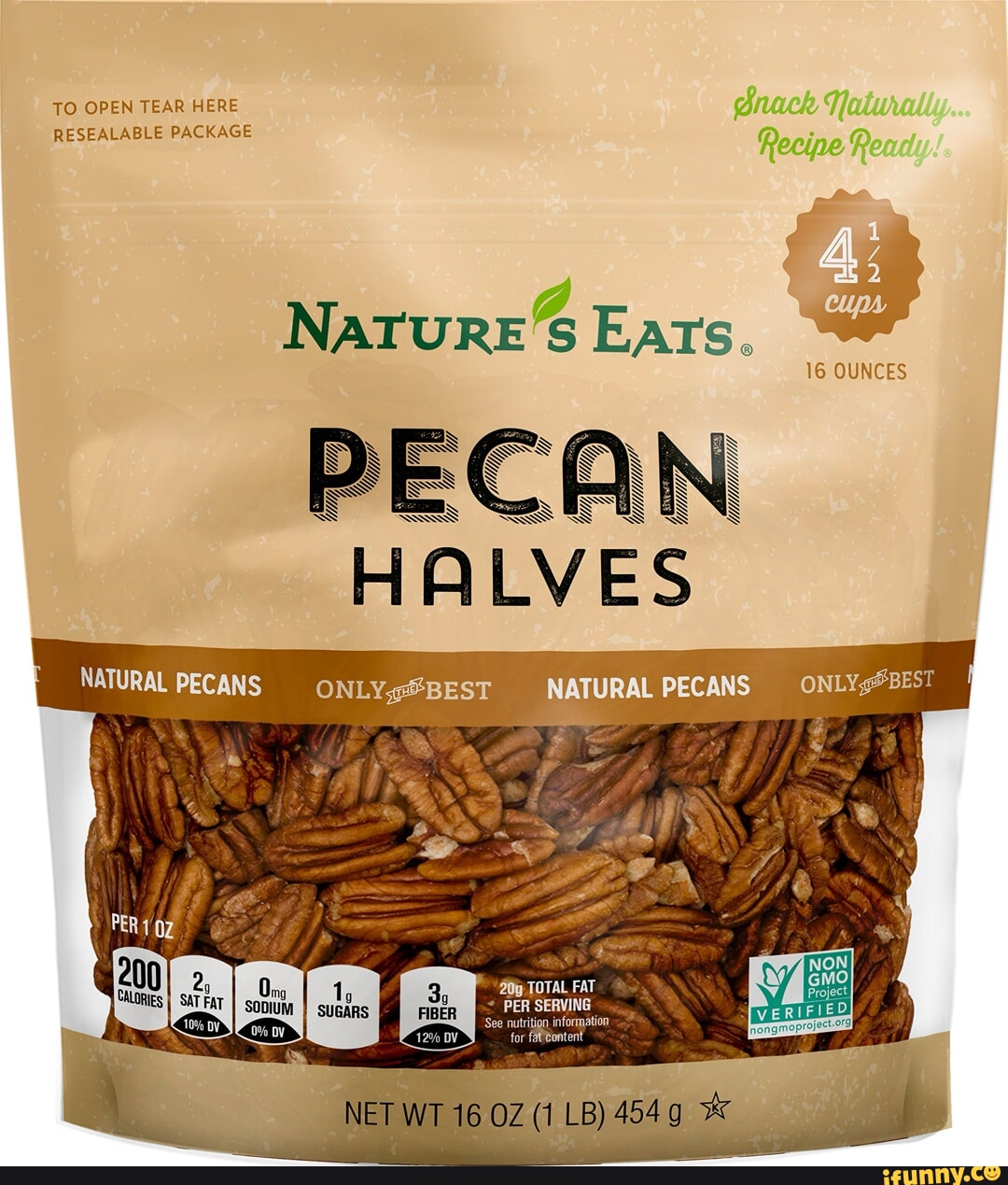TO OPEN TEAR HERE RESEALABLE PACKAGE Nature's Eats. IN SN aN HALVES ...