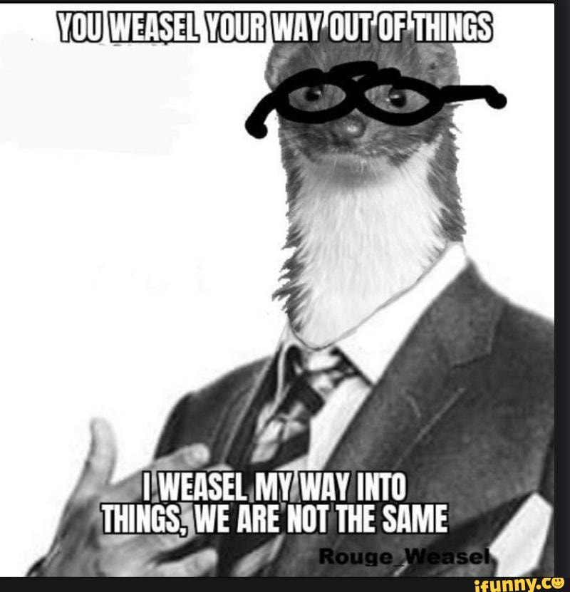 Meme nugget - OUIWEASELRYOURIWAY OUT OF THINGS I WEASEL MY WAY INTO ...